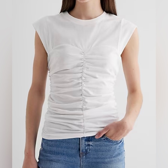 Express | Tops | Nwt White Express Skimming Crew Neck Ruched Tee | Poshmark